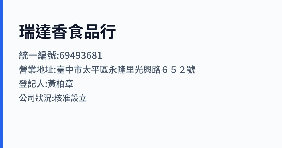 瑞達香食品行 - 統編 69493681(臺中市) 公司登記資料與營業項目詳細圖表