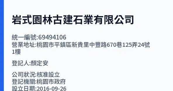 岩式園林古建石業有限公司的照片-統編 69494106(桃園市) 公司登記資料與營業項目詳細圖表