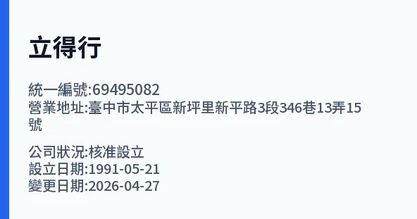 立得行的照片-統編 69495082(臺中市) 公司登記資料與營業項目詳細圖表