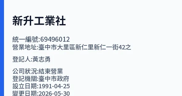 新升工業社的照片-統編 69496012(臺中市) 公司登記資料與營業項目詳細圖表