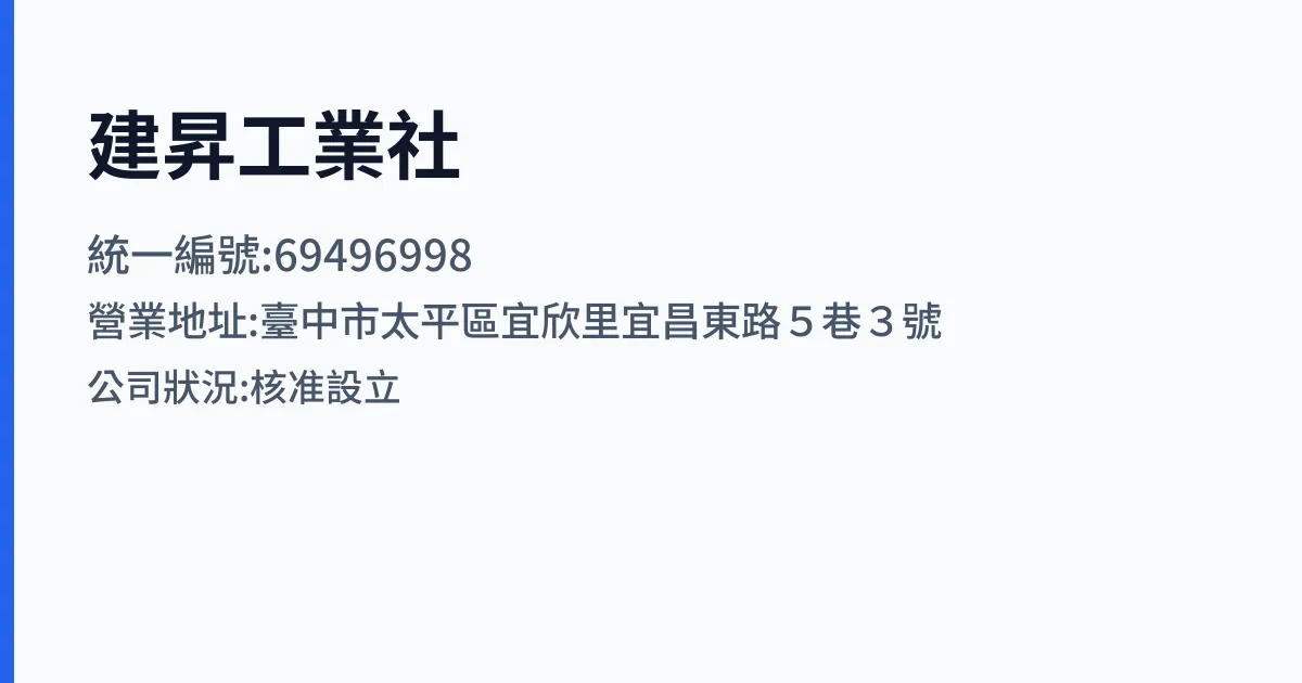 建昇工業社 - 統編 69496998(臺中市) 公司登記資料與營業項目詳細圖表