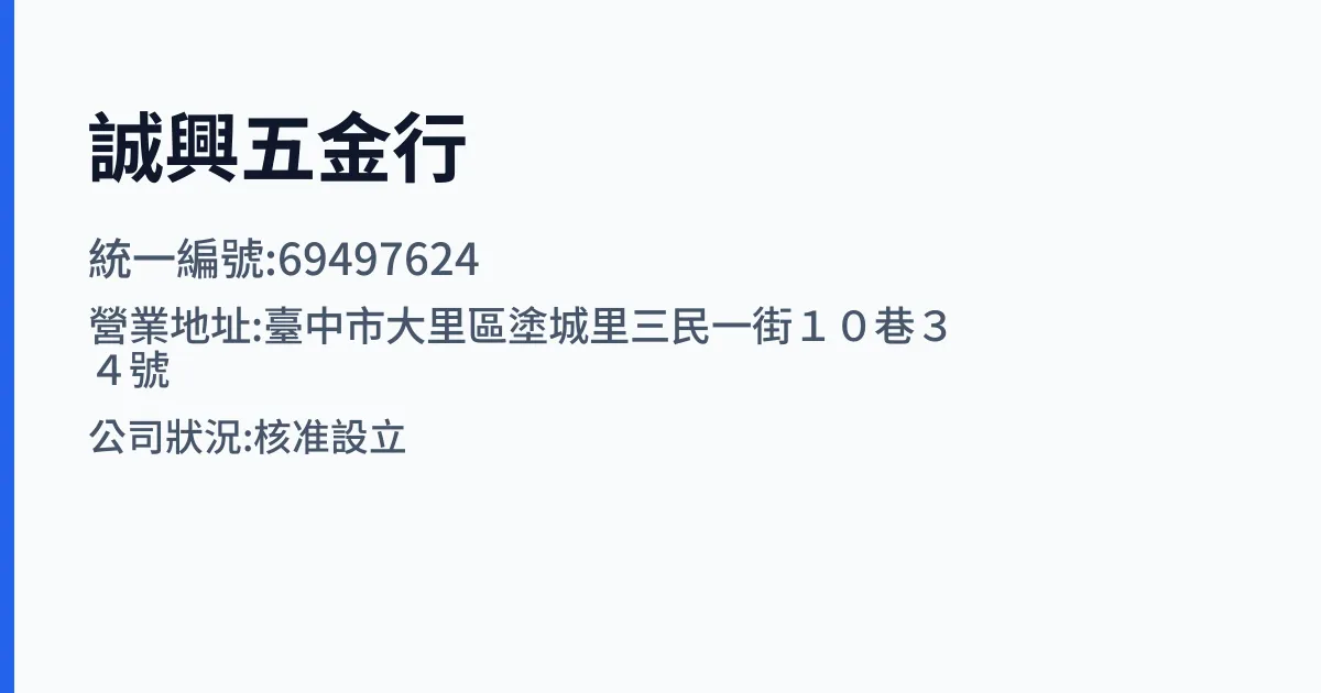 誠興五金行 - 統編 69497624(臺中市) 公司登記資料與營業項目詳細圖表