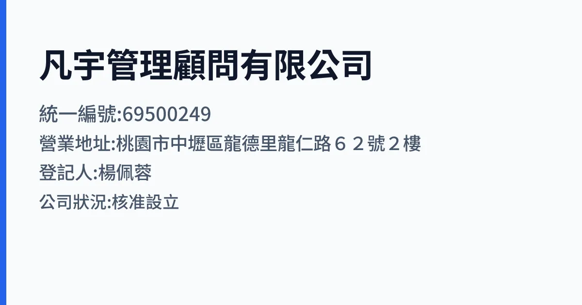 凡宇管理顧問有限公司 - 統編 69500249(桃園市) 公司登記資料與營業項目詳細圖表
