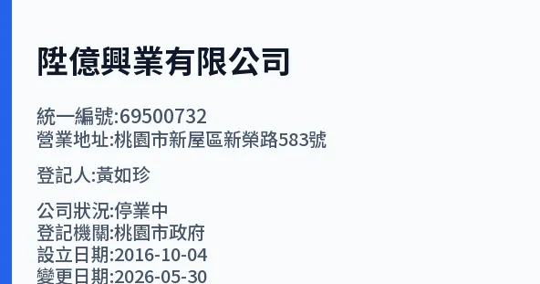 陞億興業有限公司的照片-統編 69500732(桃園市) 公司登記資料與營業項目詳細圖表