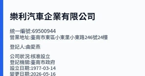 樂利汽車企業有限公司的照片-統編 69500944(臺南市) 公司登記資料與營業項目詳細圖表