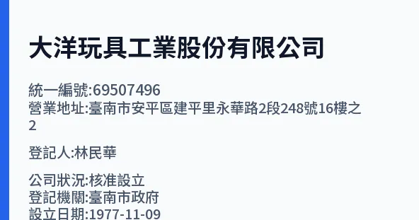 大洋玩具工業股份有限公司的照片-統編 69507496(臺南市) 公司登記資料與營業項目詳細圖表