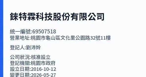 錸特霖科技股份有限公司的照片-統編 69507518(桃園市) 公司登記資料與營業項目詳細圖表