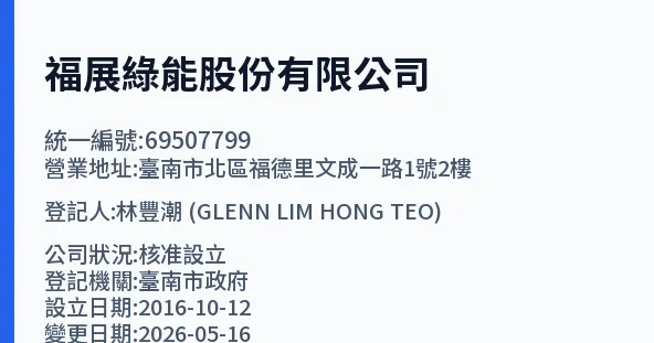 福展綠能股份有限公司的照片-統編 69507799(臺南市) 公司登記資料與營業項目詳細圖表