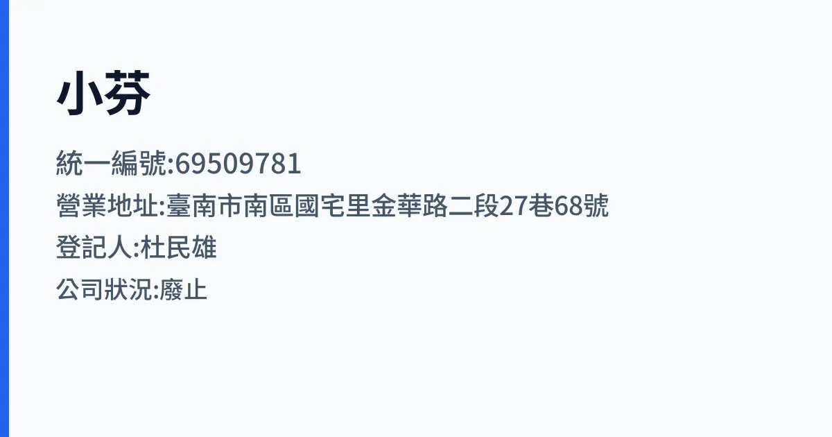小芬 - 統編 69509781(臺南市) 公司登記資料與營業項目詳細圖表