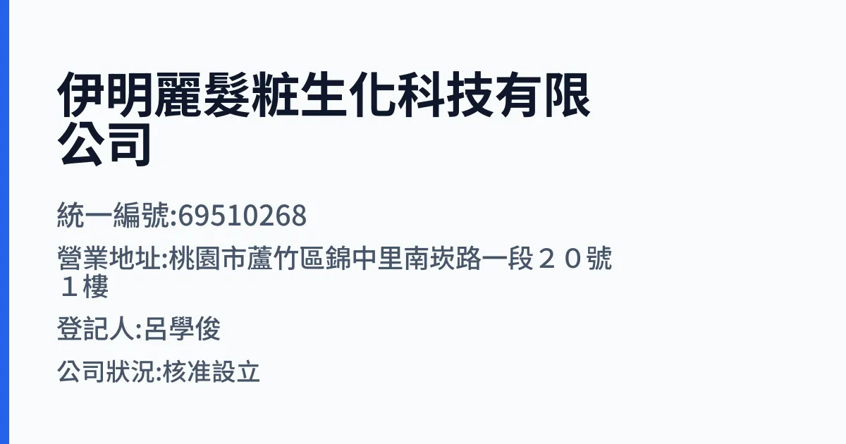 伊明麗髮粧生化科技有限公司 - 統編 69510268(桃園市) 公司登記資料與營業項目詳細圖表