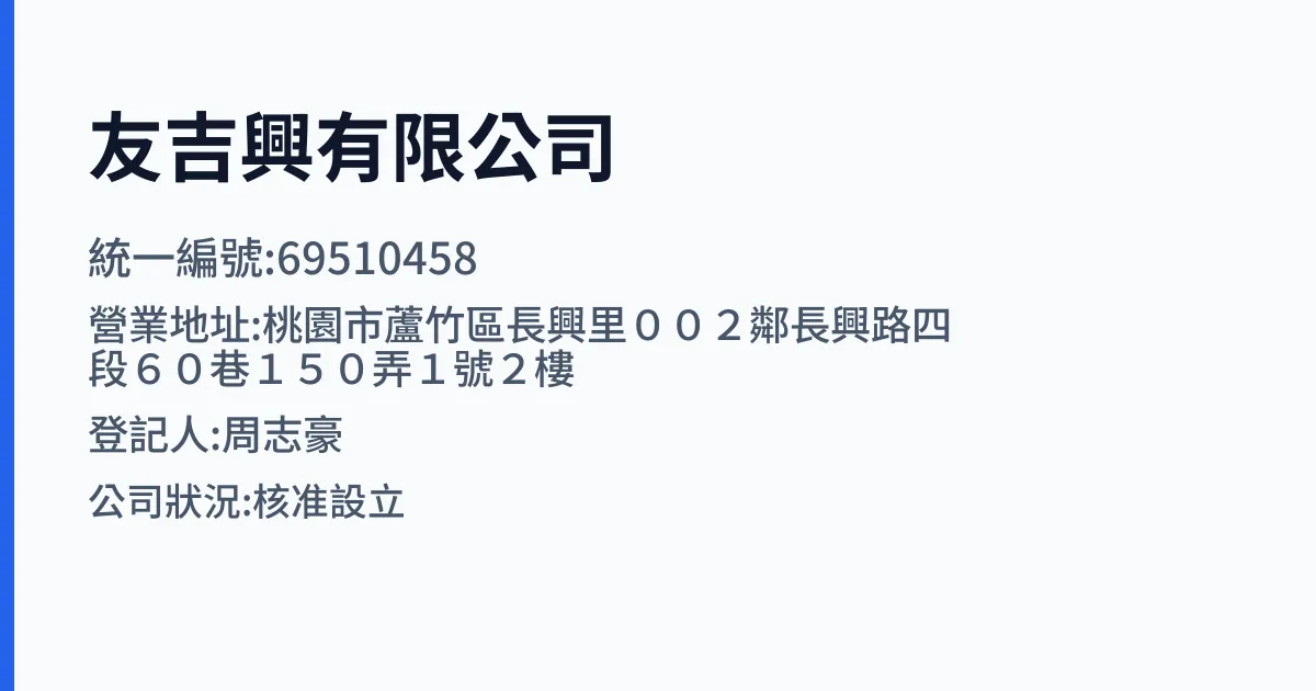 友吉興有限公司 - 統編 69510458(桃園市) 公司登記資料與營業項目詳細圖表