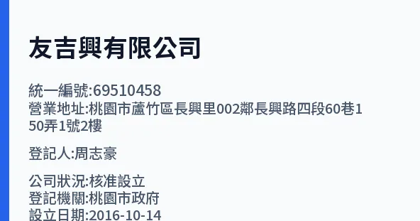 友吉興有限公司的照片-統編 69510458(桃園市) 公司登記資料與營業項目詳細圖表