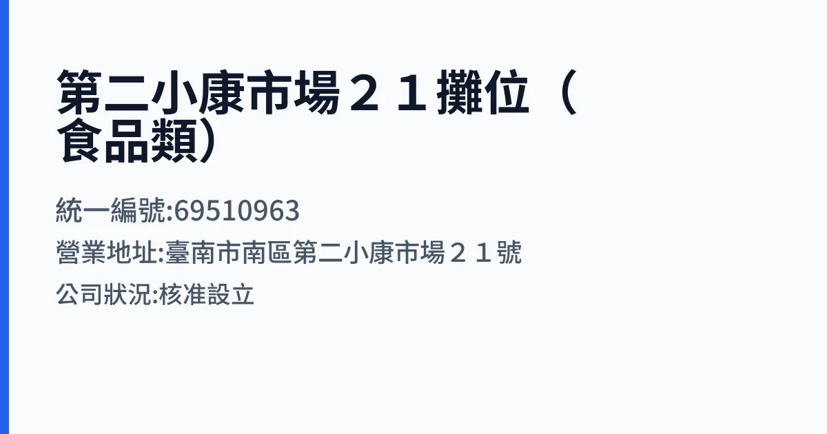 第二小康市場２１攤位（食品類） - 統編 69510963(臺南市) 公司登記資料與營業項目詳細圖表