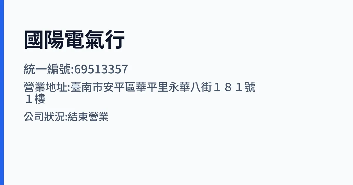 國陽電氣行 - 統編 69513357(臺南市) 公司登記資料與營業項目詳細圖表