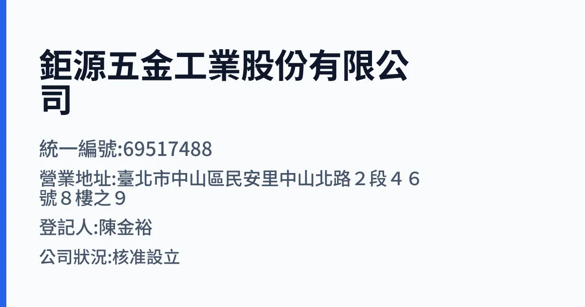 鉅源五金工業股份有限公司 - 統編 69517488(臺北市) 公司登記資料與營業項目詳細圖表