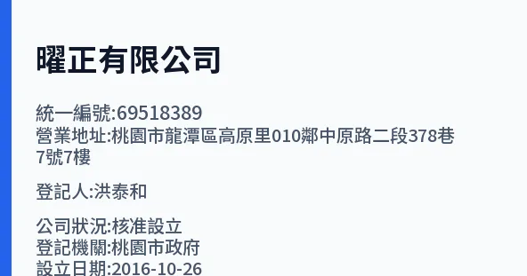 曜正有限公司的照片-統編 69518389(桃園市) 公司登記資料與營業項目詳細圖表