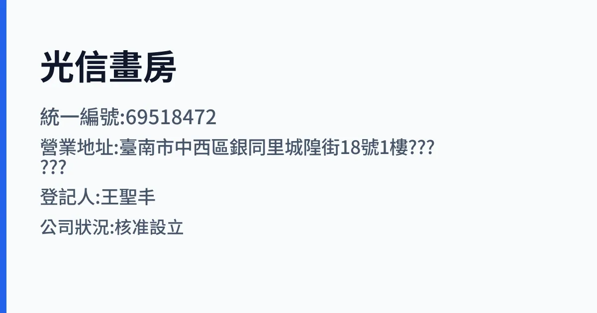 光信畫房 - 統編 69518472(臺南市) 公司登記資料與營業項目詳細圖表