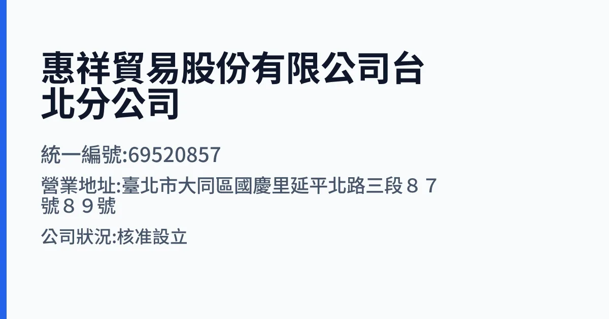 惠祥貿易股份有限公司台北分公司 - 統編 69520857(臺北市) 公司登記資料與營業項目詳細圖表