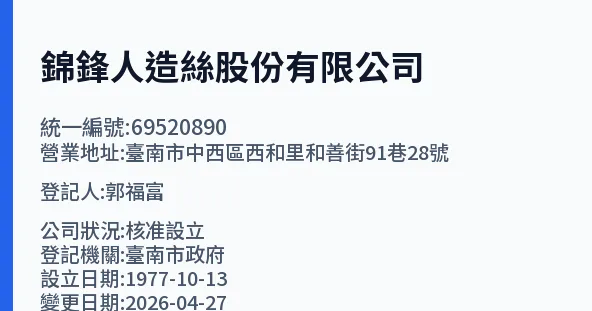 錦鋒人造絲股份有限公司的照片-統編 69520890(臺南市) 公司登記資料與營業項目詳細圖表
