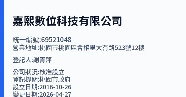 嘉熙數位科技有限公司的照片-統編 69521048(桃園市) 公司登記資料與營業項目詳細圖表