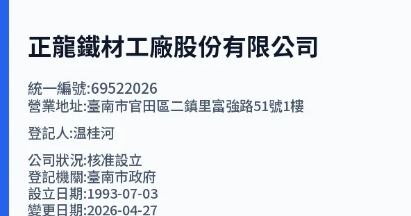 正龍鐵材工廠股份有限公司的照片-統編 69522026(臺南市) 公司登記資料與營業項目詳細圖表