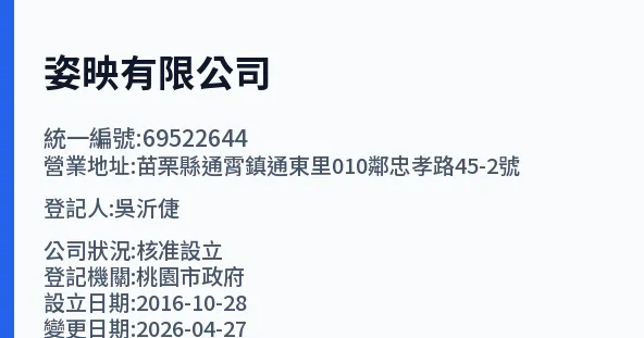 姿映有限公司的照片-統編 69522644(苗栗縣) 公司登記資料與營業項目詳細圖表