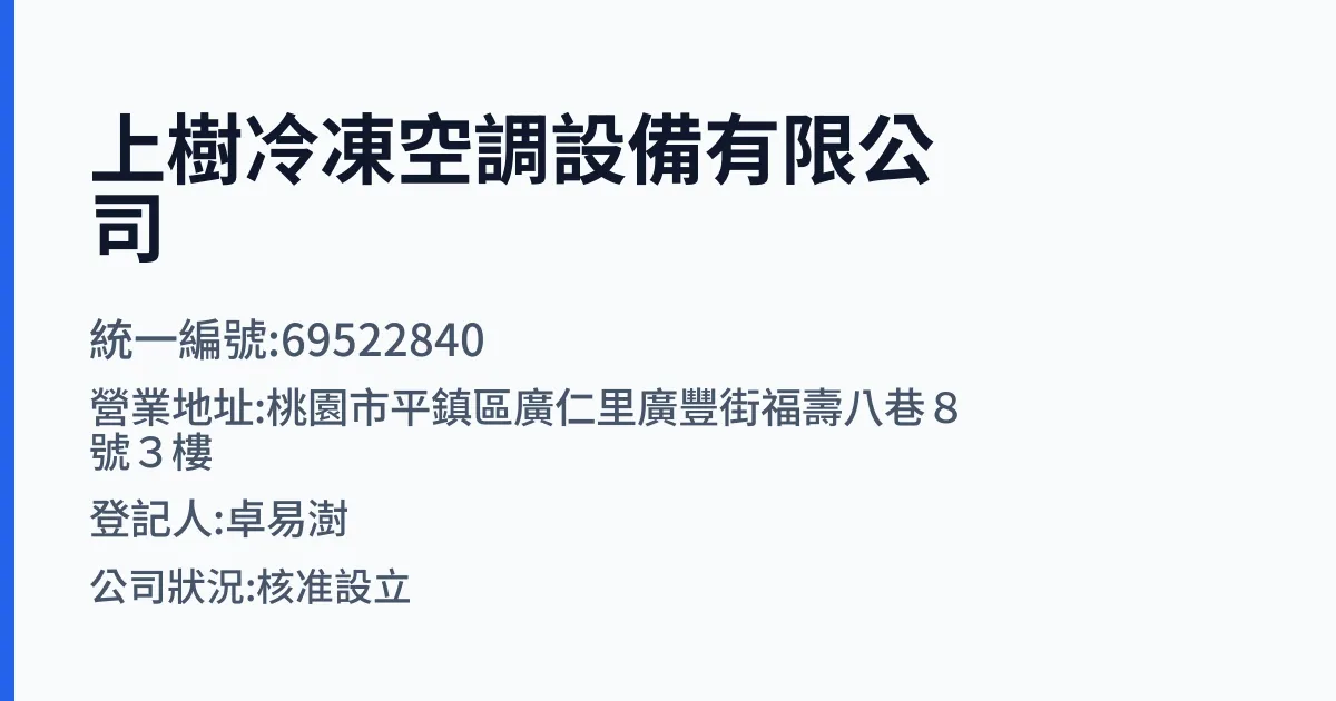 上樹冷凍空調設備有限公司 - 統編 69522840(桃園市) 公司登記資料與營業項目詳細圖表