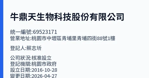牛鼎天生物科技股份有限公司的照片-統編 69523171(桃園市) 公司登記資料與營業項目詳細圖表