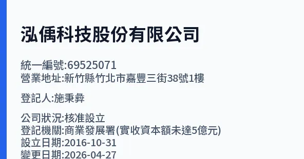 泓偊科技股份有限公司的照片-統編 69525071(新竹縣) 公司登記資料與營業項目詳細圖表