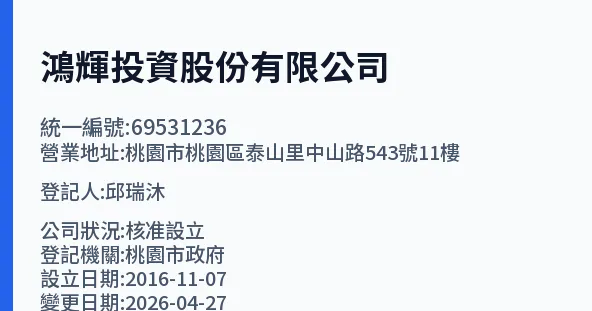 鴻輝投資股份有限公司的照片-統編 69531236(桃園市) 公司登記資料與營業項目詳細圖表
