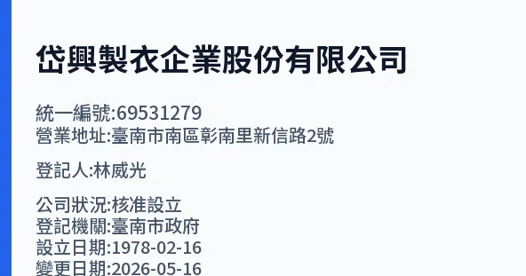 岱興製衣企業股份有限公司的照片-統編 69531279(臺南市) 公司登記資料與營業項目詳細圖表