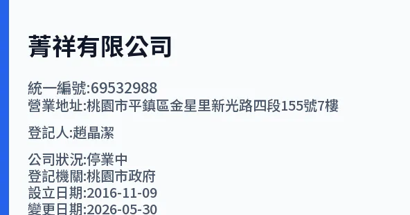 菁祥有限公司的照片-統編 69532988(桃園市) 公司登記資料與營業項目詳細圖表