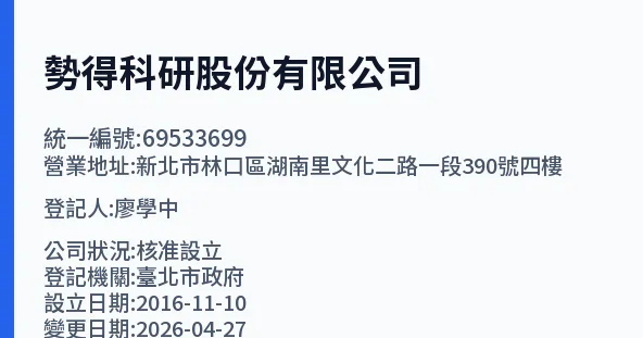 勢得科研股份有限公司的照片-統編 69533699(新北市) 公司登記資料與營業項目詳細圖表