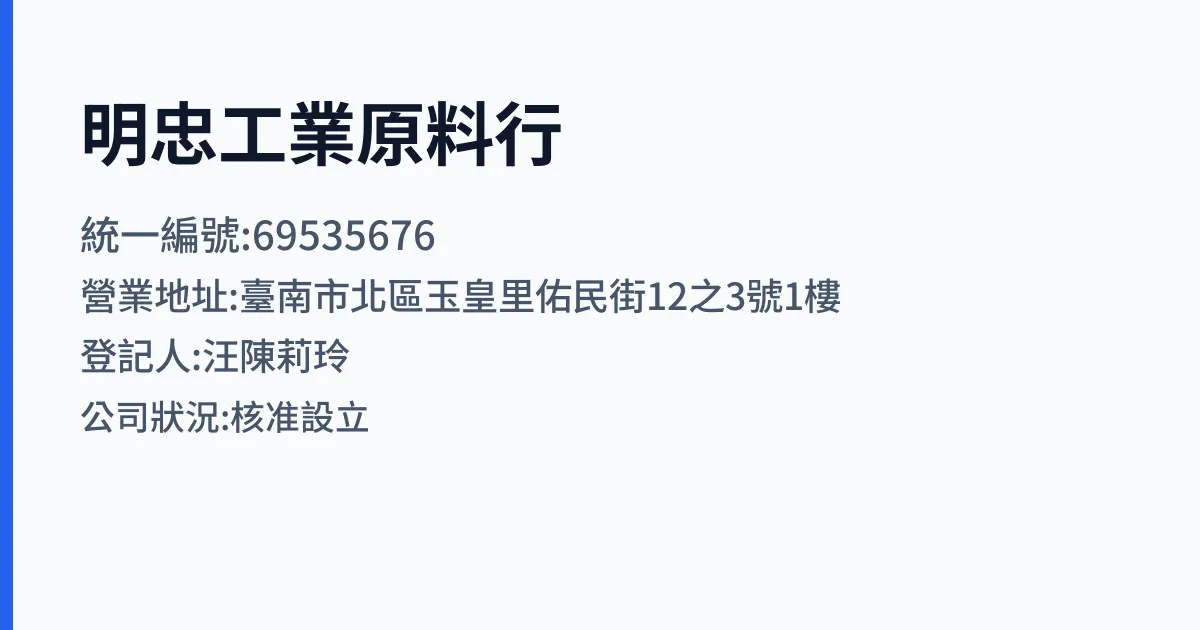 明忠工業原料行 - 統編 69535676(臺南市) 公司登記資料與營業項目詳細圖表