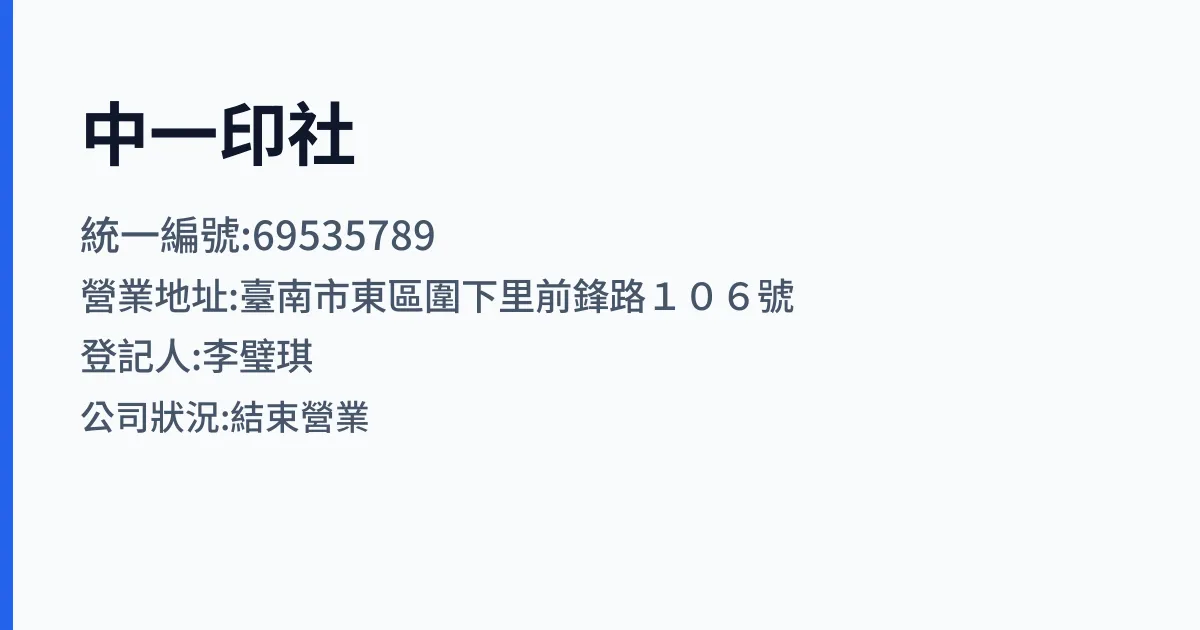 中一印社 - 統編 69535789(臺南市) 公司登記資料與營業項目詳細圖表