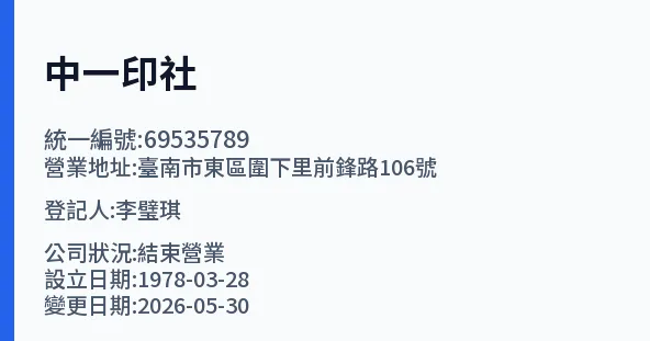 中一印社的照片-統編 69535789(臺南市) 公司登記資料與營業項目詳細圖表