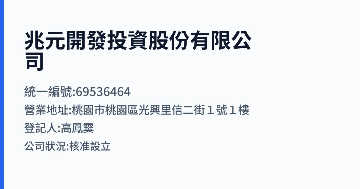兆元開發投資股份有限公司 - 統編 69536464(桃園市) 公司登記資料與營業項目詳細圖表