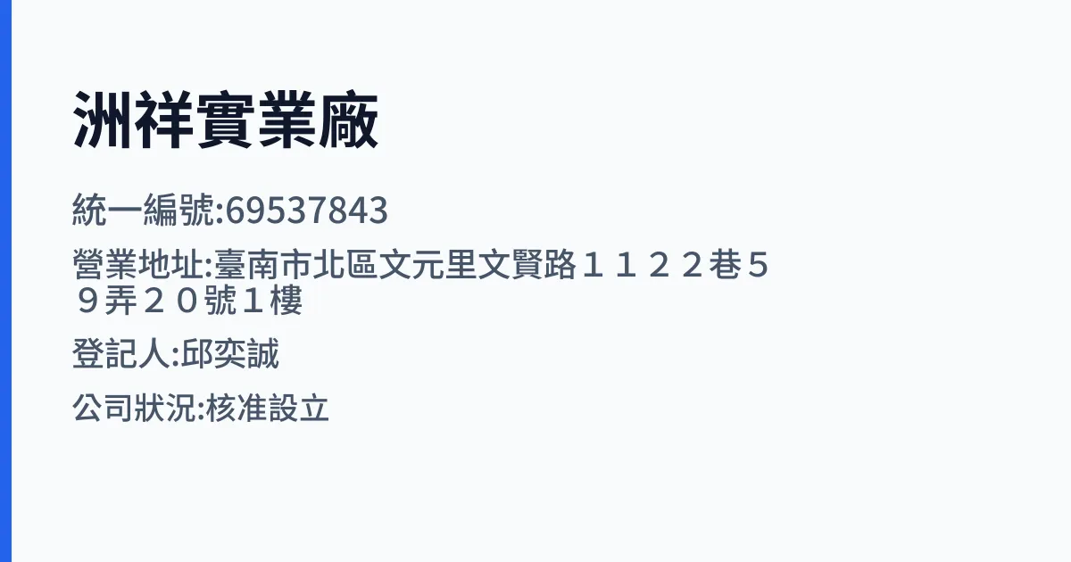 洲祥實業廠 - 統編 69537843(臺南市) 公司登記資料與營業項目詳細圖表