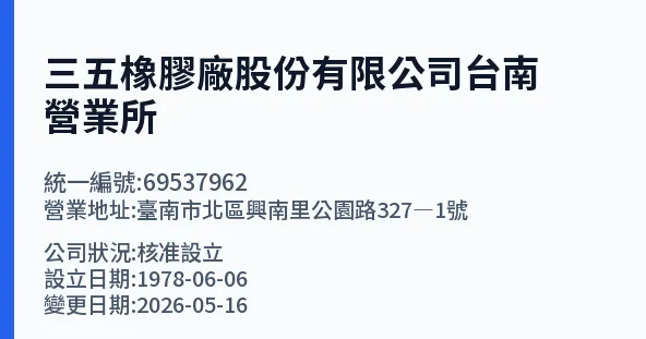 三五橡膠廠股份有限公司台南營業所的照片-統編 69537962(臺南市) 公司登記資料與營業項目詳細圖表