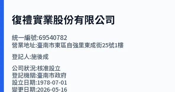 復禮實業股份有限公司的照片-統編 69540782(臺南市) 公司登記資料與營業項目詳細圖表