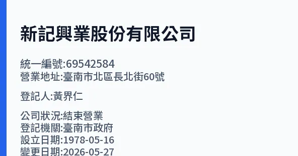 新記興業股份有限公司的照片-統編 69542584(臺南市) 公司登記資料與營業項目詳細圖表