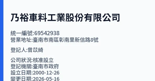 乃裕車料工業股份有限公司的照片-統編 69542938(臺南市) 公司登記資料與營業項目詳細圖表