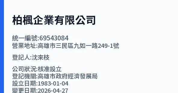 柏楓企業有限公司的照片-統編 69543084(高雄市) 公司登記資料與營業項目詳細圖表