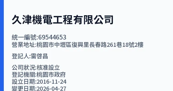 久津機電工程有限公司的照片-統編 69544653(桃園市) 公司登記資料與營業項目詳細圖表
