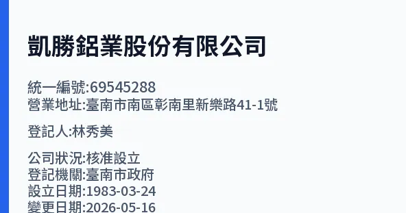 凱勝鋁業股份有限公司的照片-統編 69545288(臺南市) 公司登記資料與營業項目詳細圖表