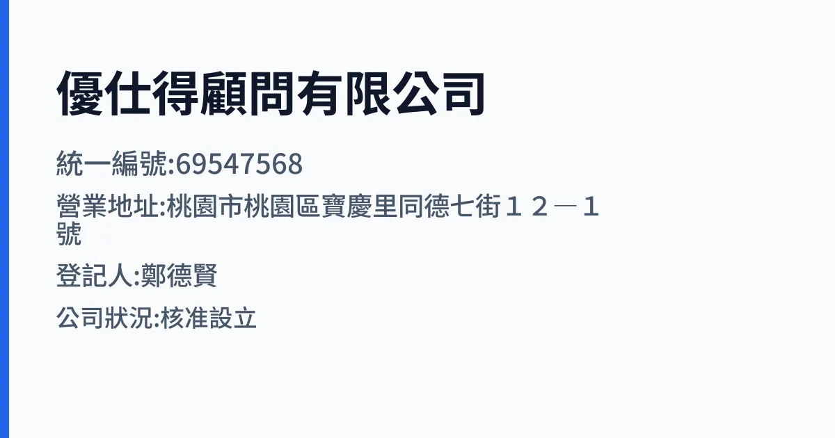 優仕得顧問有限公司 - 統編 69547568(桃園市) 公司登記資料與營業項目詳細圖表