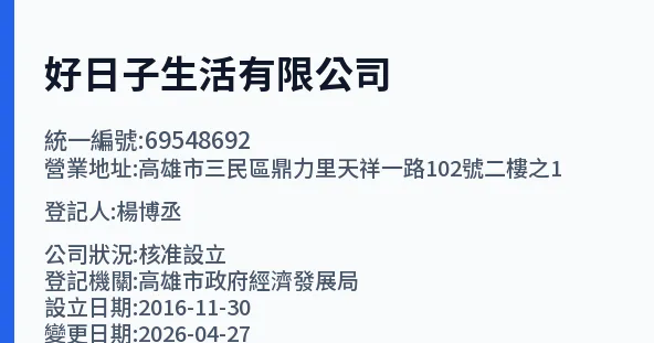 好日子生活有限公司的照片-統編 69548692(高雄市) 公司登記資料與營業項目詳細圖表
