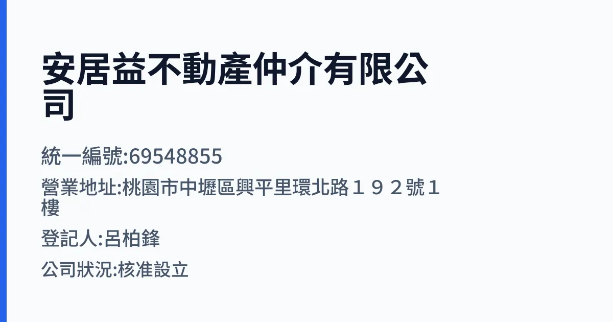 安居益不動產仲介有限公司 - 統編 69548855(桃園市) 公司登記資料與營業項目詳細圖表