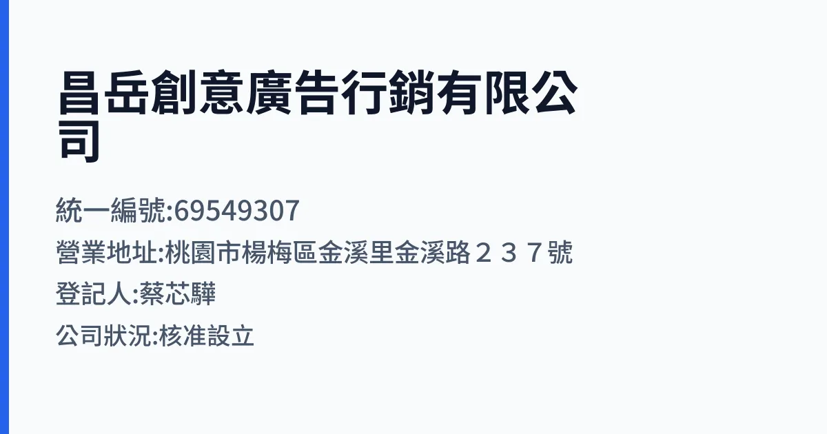 昌岳創意廣告行銷有限公司 - 統編 69549307(桃園市) 公司登記資料與營業項目詳細圖表