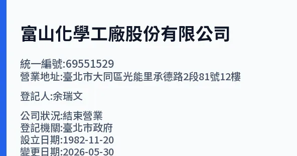 富山化學工廠股份有限公司的照片-統編 69551529(臺北市) 公司登記資料與營業項目詳細圖表